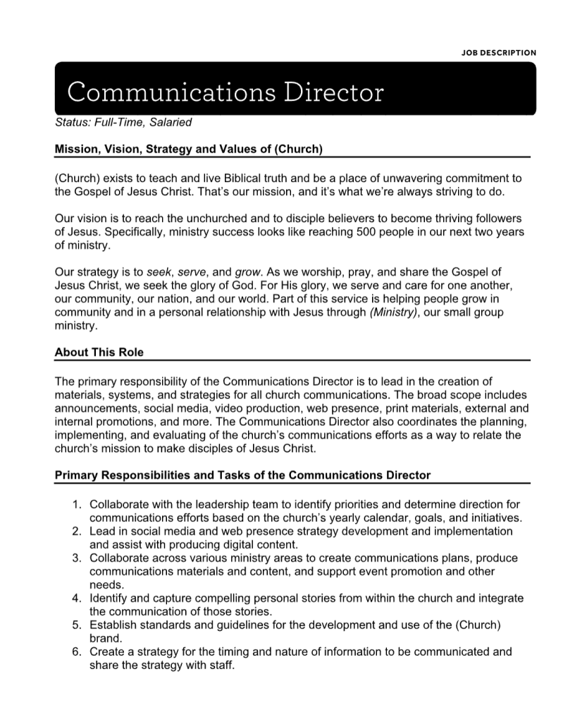 Communications Director Job Description - Church Fuel