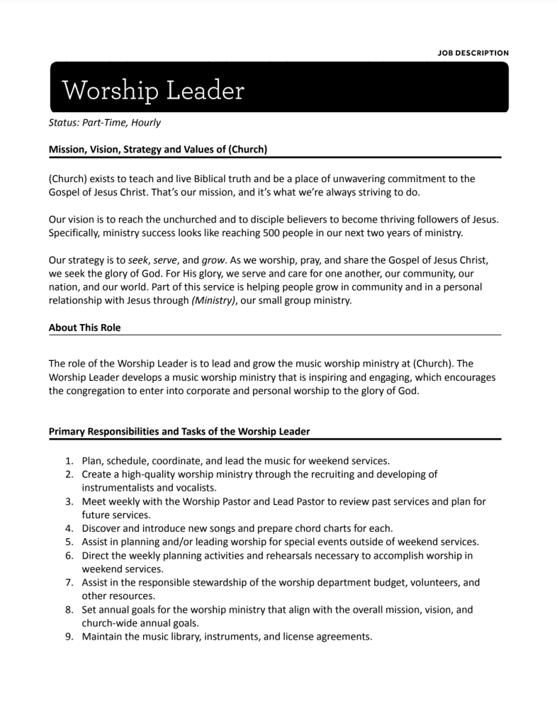 Worship Leader Job Description - Church Fuel