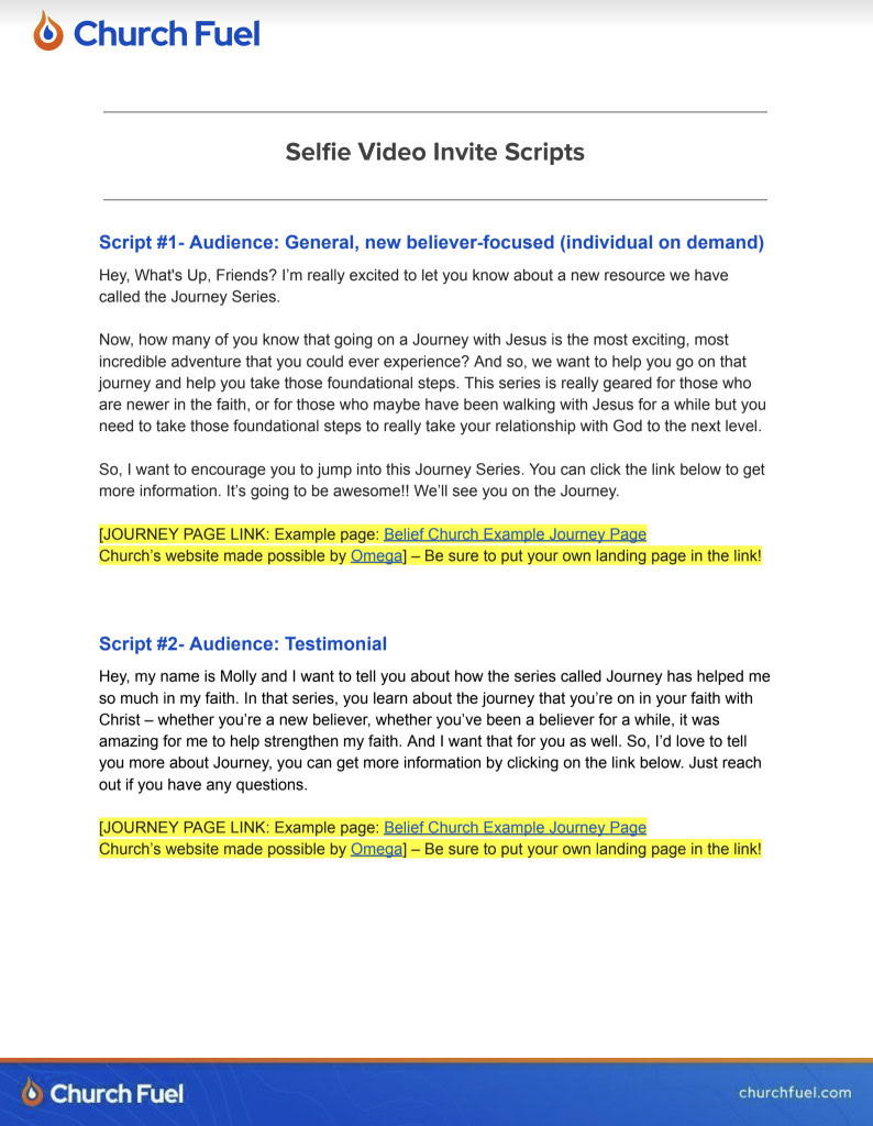 Journey New Believer Kit Selfie Video Invite Scripts - Church Fuel